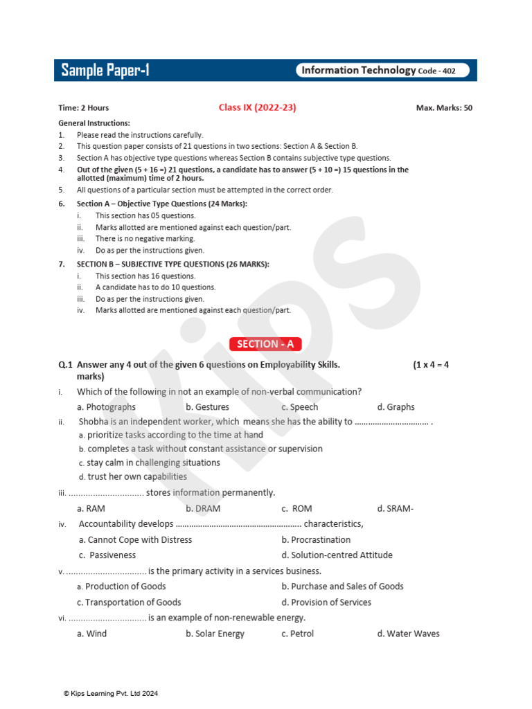 402 - InformationTechnology - Class - IX - Sample Paper 1 | PDF