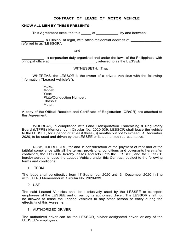 Contract of Lease - Motor Vehicle | PDF | Lease | Breach Of Contract