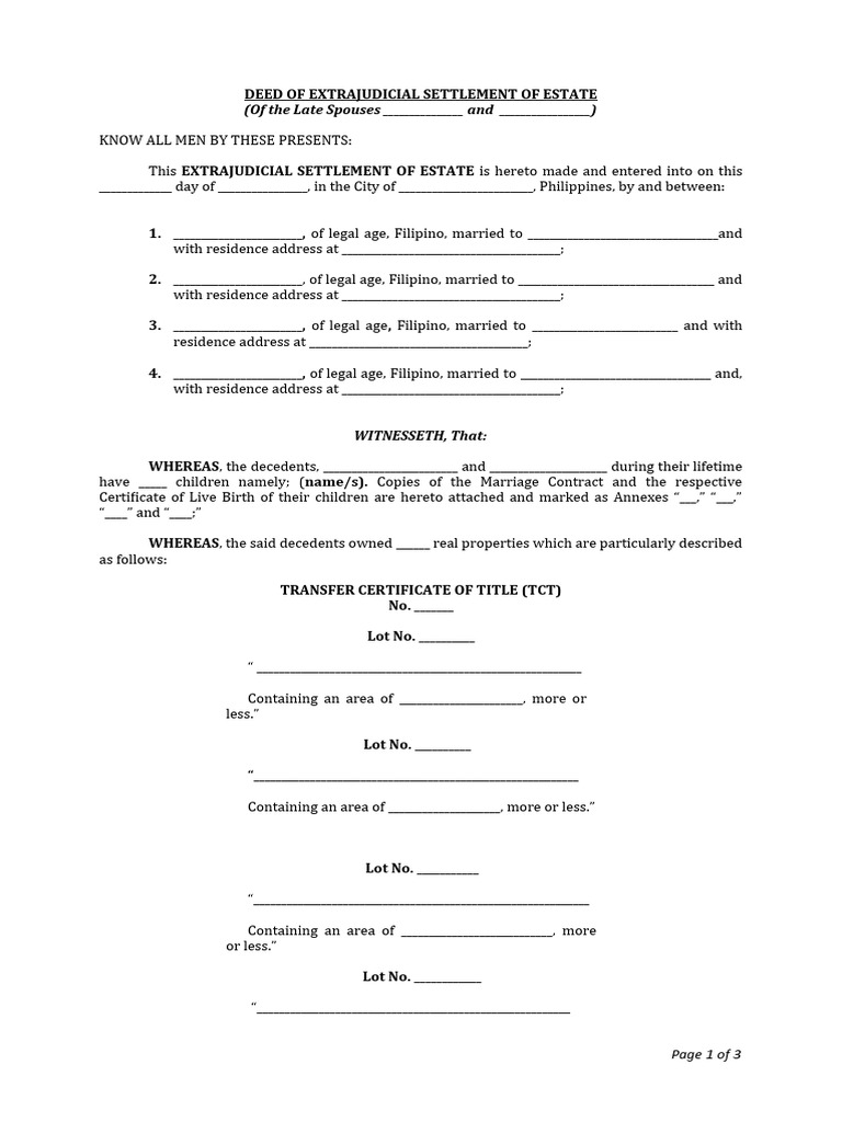 Deed of Extrajudicial Settlement of Estate | PDF | Deed | Natural Resources Law