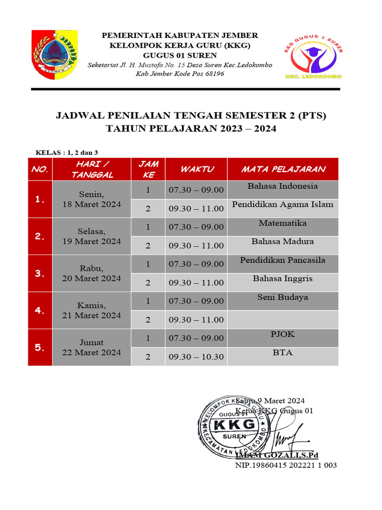 Jadwal PTS Kelas 1-6 Jember 2024 | PDF