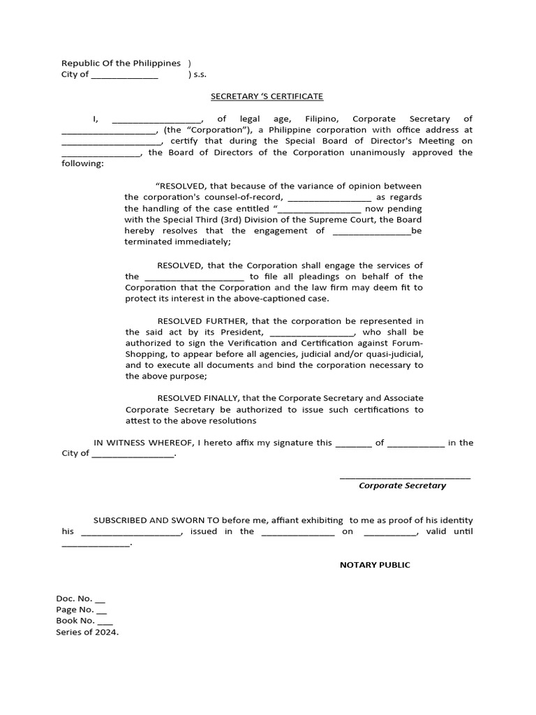 Secretary's Certificate for Board Resolutions | PDF | Affidavit | Judiciaries
