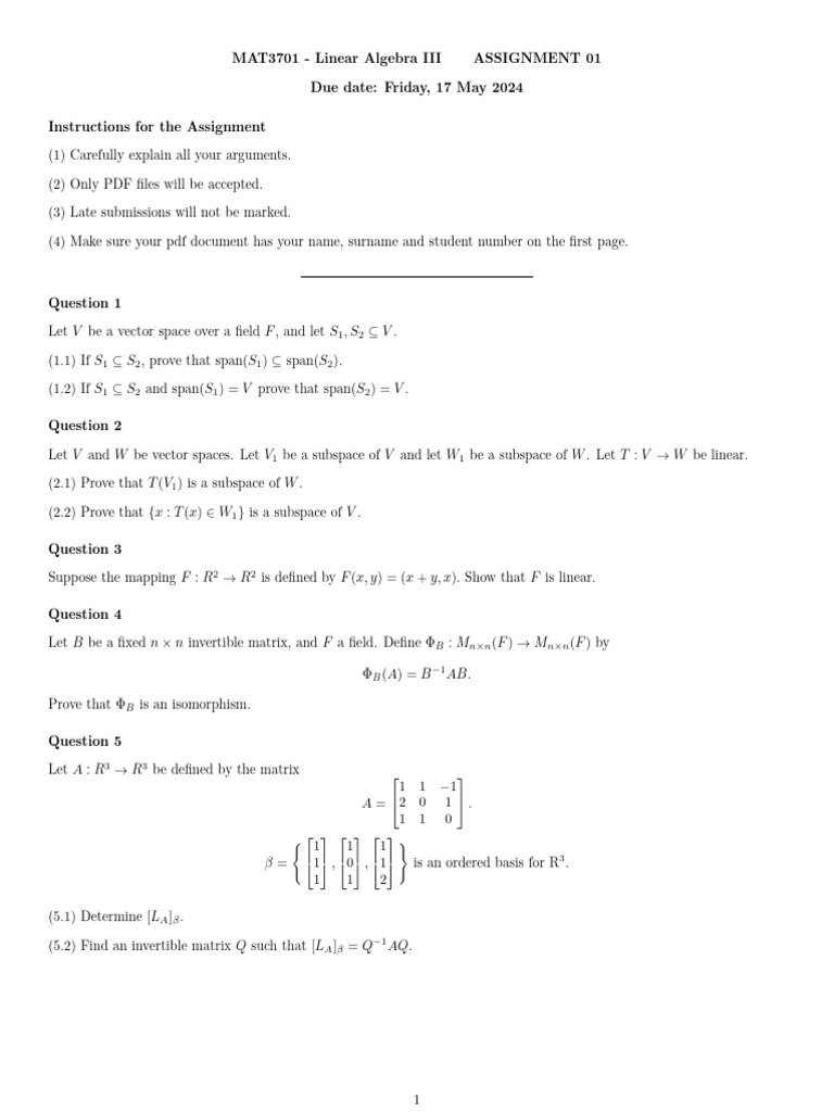 MAT3701 Assignment 01 2024 | PDF | Linear Map | Matrix (Mathematics)