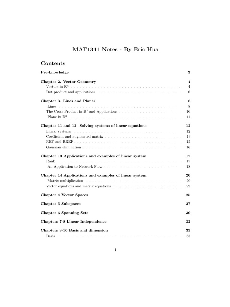 University Of Ottawa Notes Introduction To Linear Algebra Mat1341