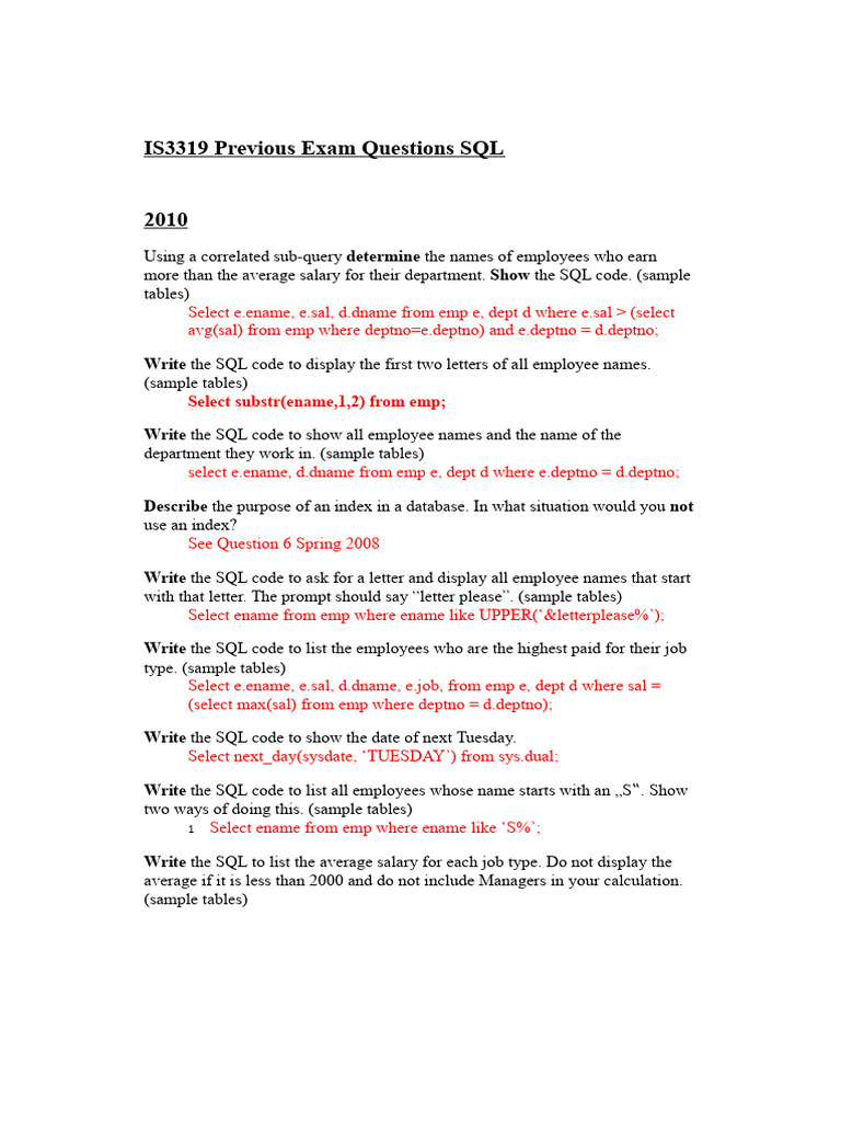 SQL Exam Questions and Solutions | PDF | Database Index | Computer Data