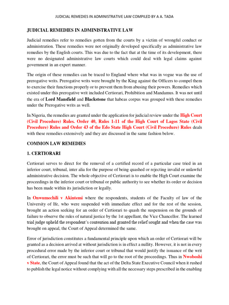 Judicial Remedies in Admin Law by TADA - 1 | PDF | Damages | Writ Of Prohibition