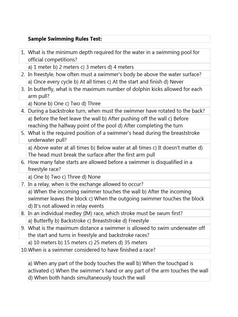 Essential Swimming Rules Quiz | PDF | Home & Garden