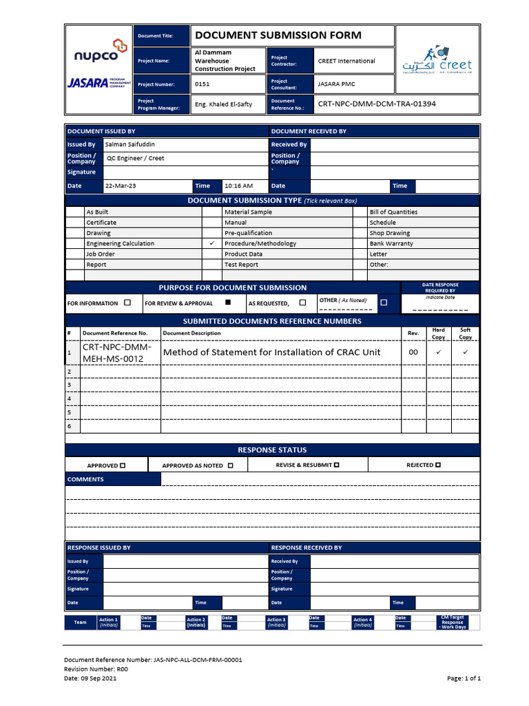Method of Statement For Installation of CRAC Units | PDF | Forklift | Personal Protective Equipment