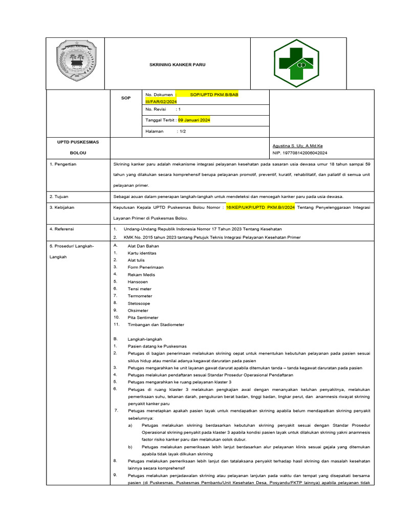 Sop Klaster 3 Skrining Kanker Paru | PDF