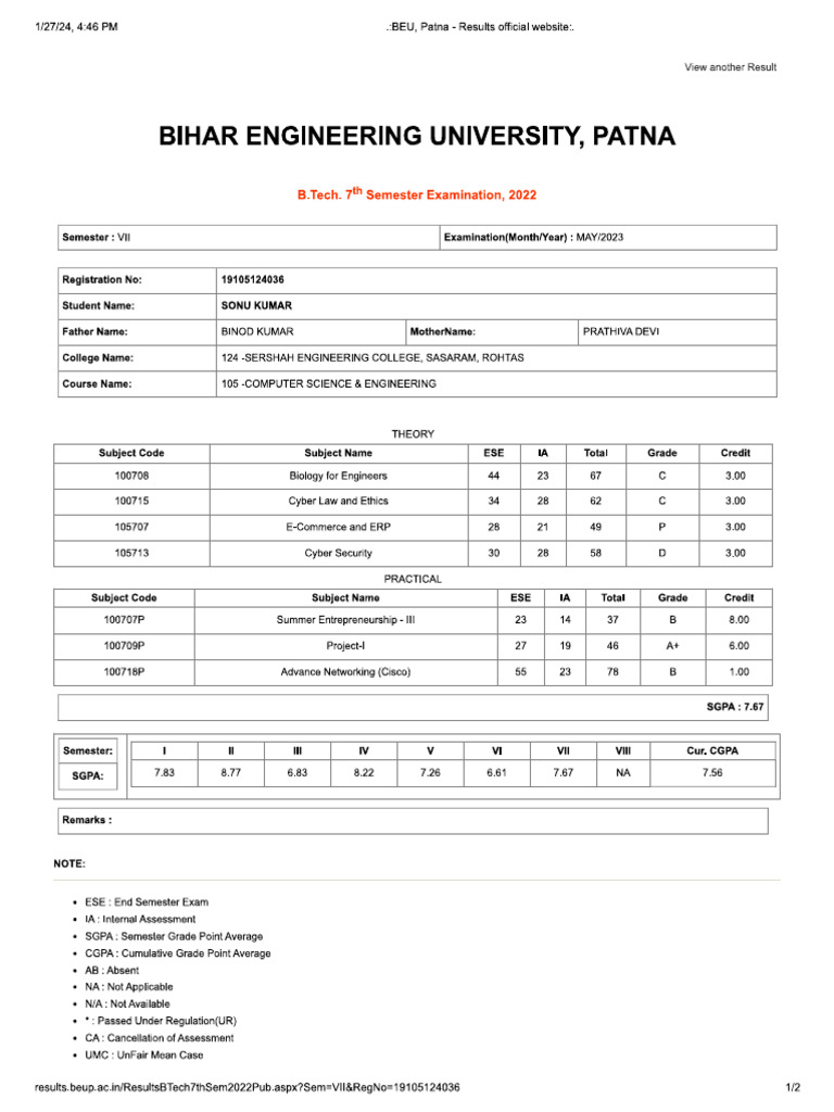 Btech Cse 7th Sem Result | PDF Btech Cse 7th Sem Result | PDF