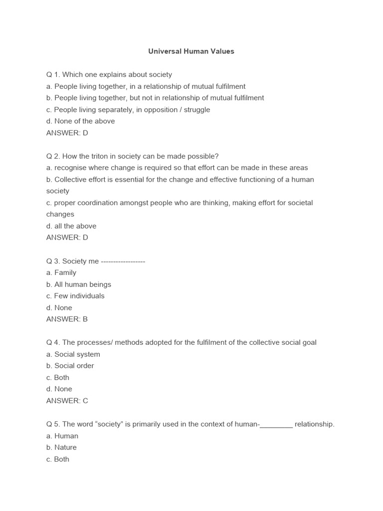 Universal Human Values Quiz | PDF