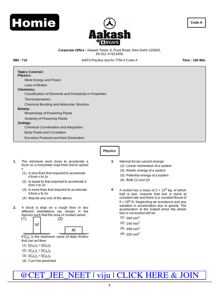 Aiats Tym Practice Paper Viju Que @cet - Jee - Neet | PDF | Force ...