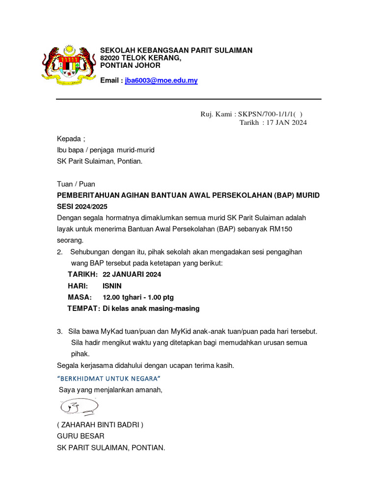 Surat Agihan Bap 2024 | PDF