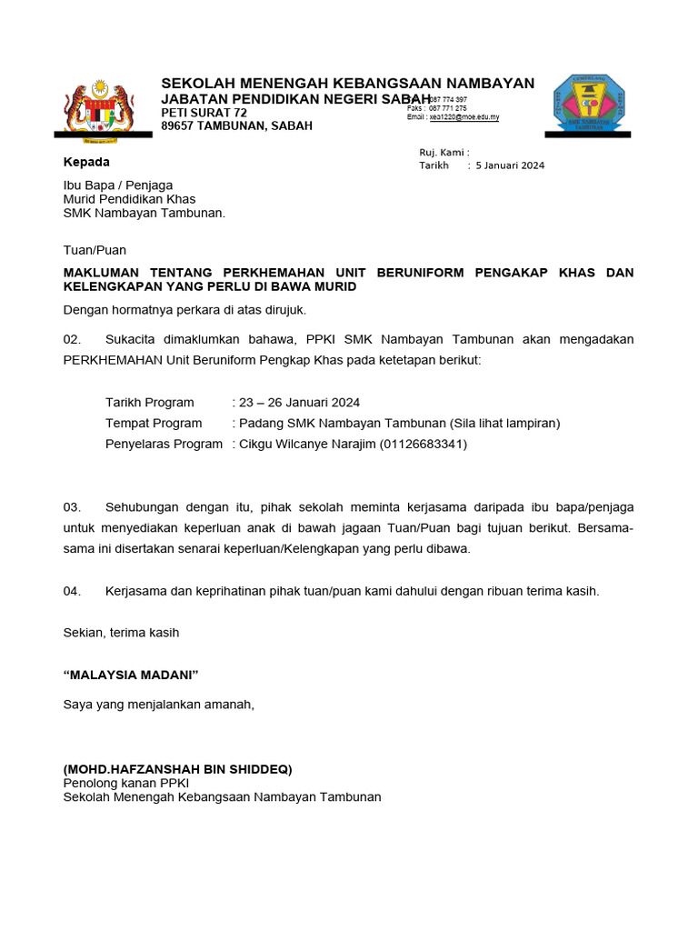 Makluman Perkhemahan PPKI SMK Nambayan | PDF