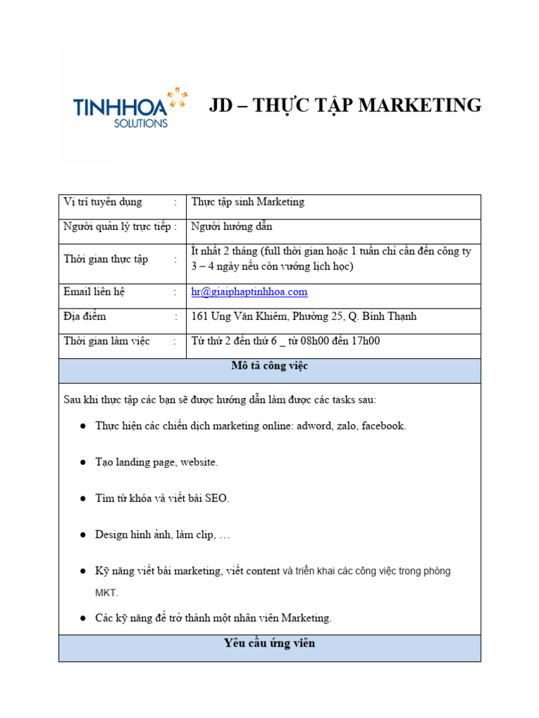 JD - Thực Tập Marketing | PDF