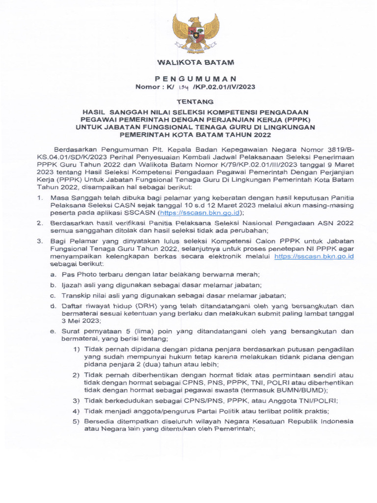 Pengumuman Hasil Seleksi PPPK Guru 2022 Pasca Sanggah Publish | PDF