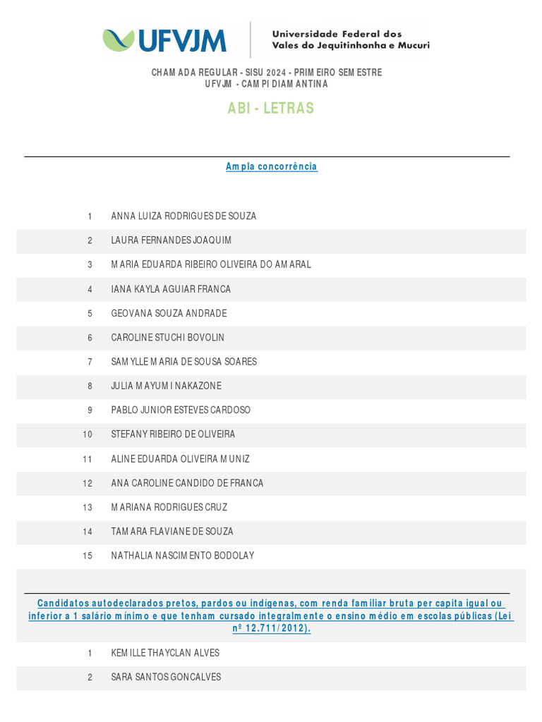 Chamada Regular Sisu 2024 - Diamantina - Primeiro Semestre Assinado Assinado | PDF