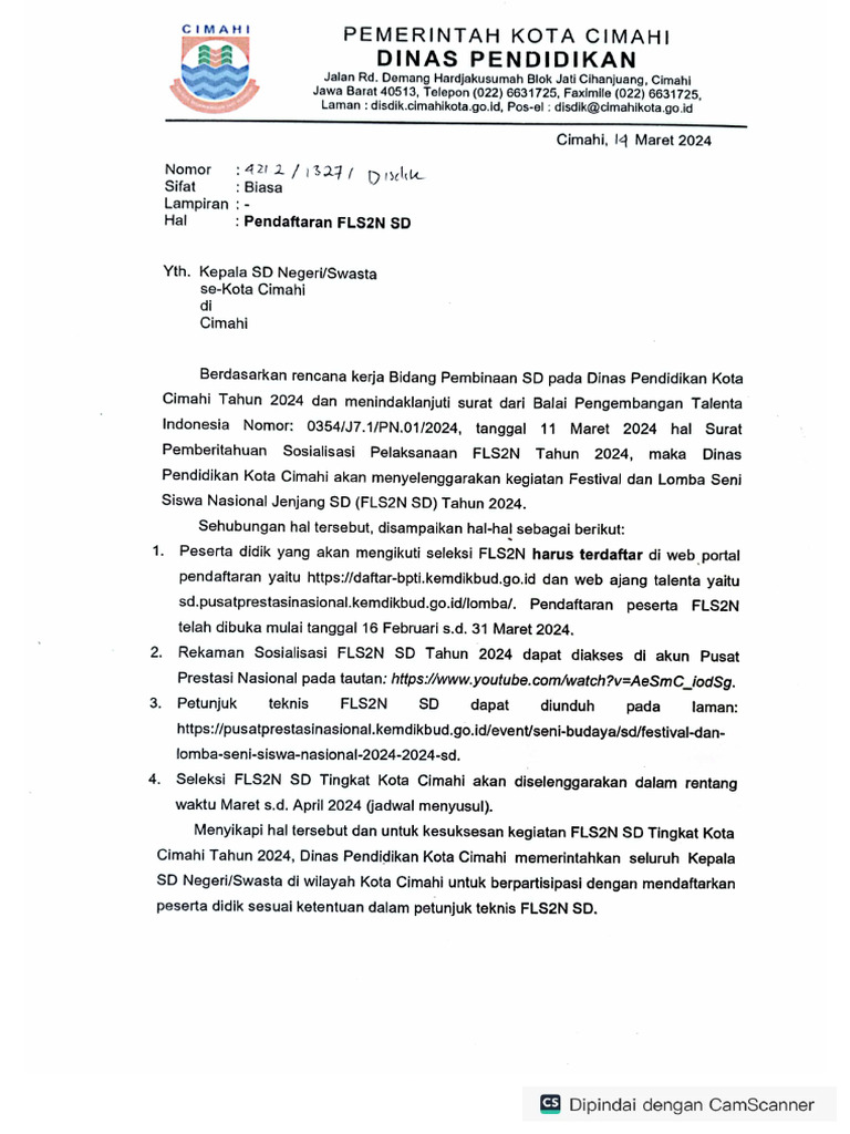 Surat Pendaftaran FLS2N SD 2024 | PDF