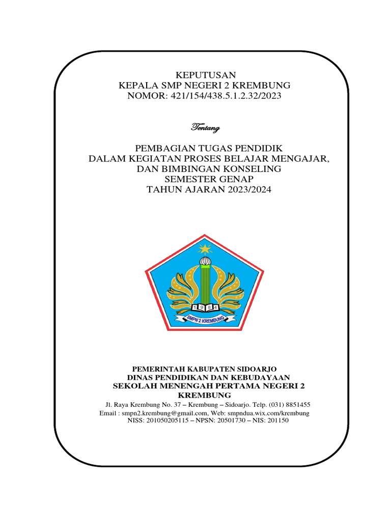 SK Pembagian Jam Mengajar Dan Tugas Tambahan - Genap 2023-2024 | PDF