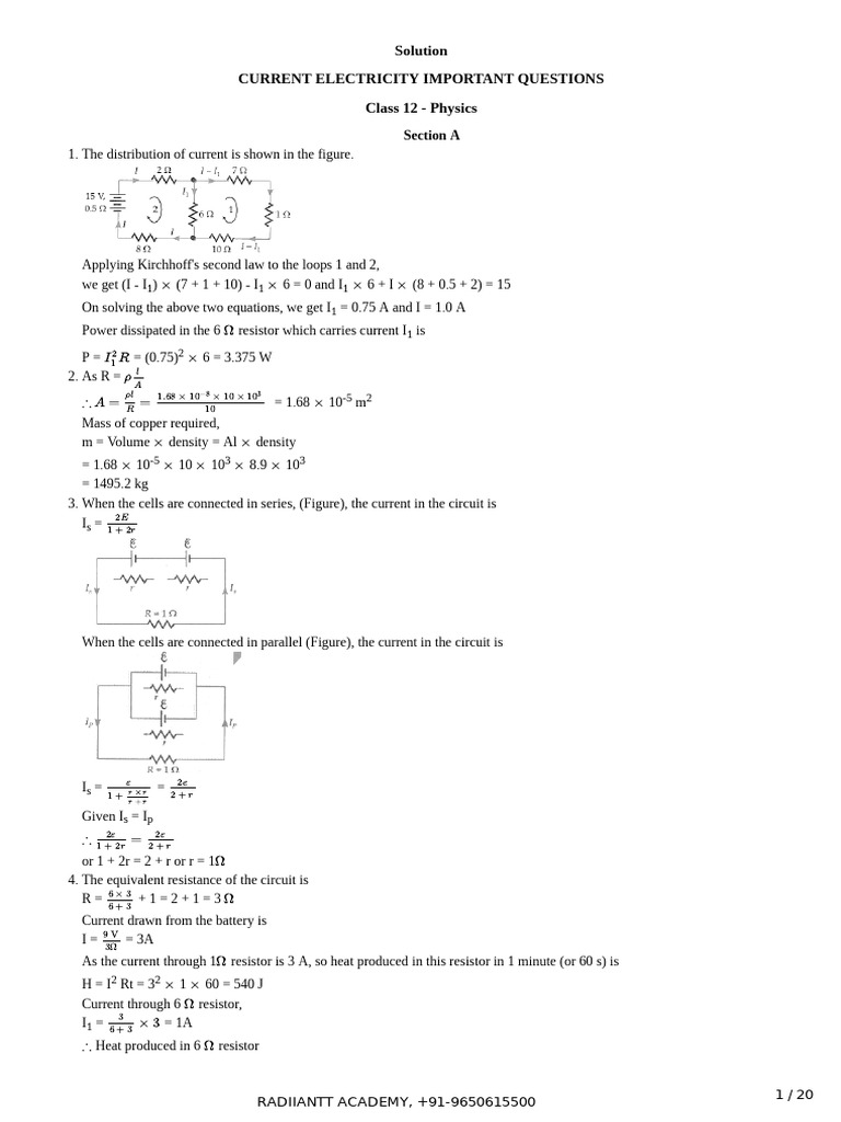 Current Electricity Key Questions | PDF | Electrical Resistance And ...