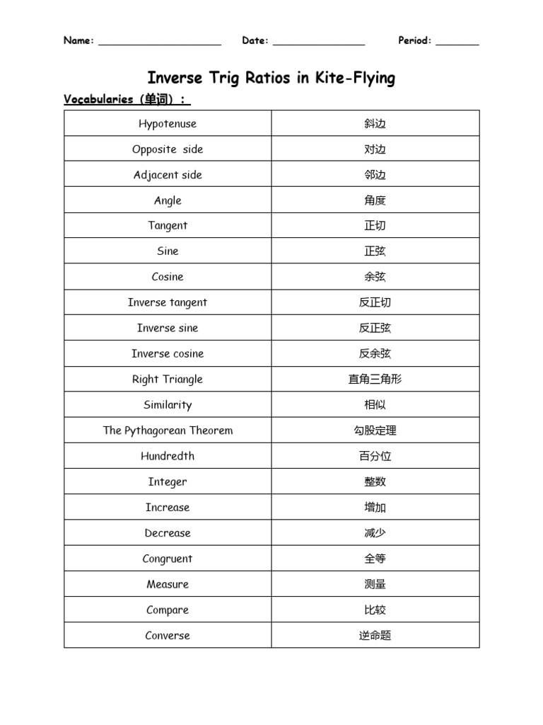 Inverse Trig Ratios Worksheet Mandarin Version | PDF