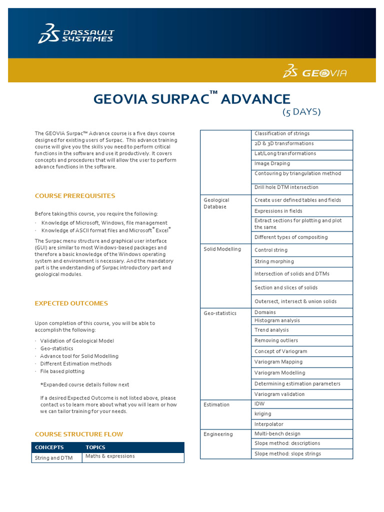 Geovia Surpac Advance: (5 DAYS) | PDF | Computing | Software