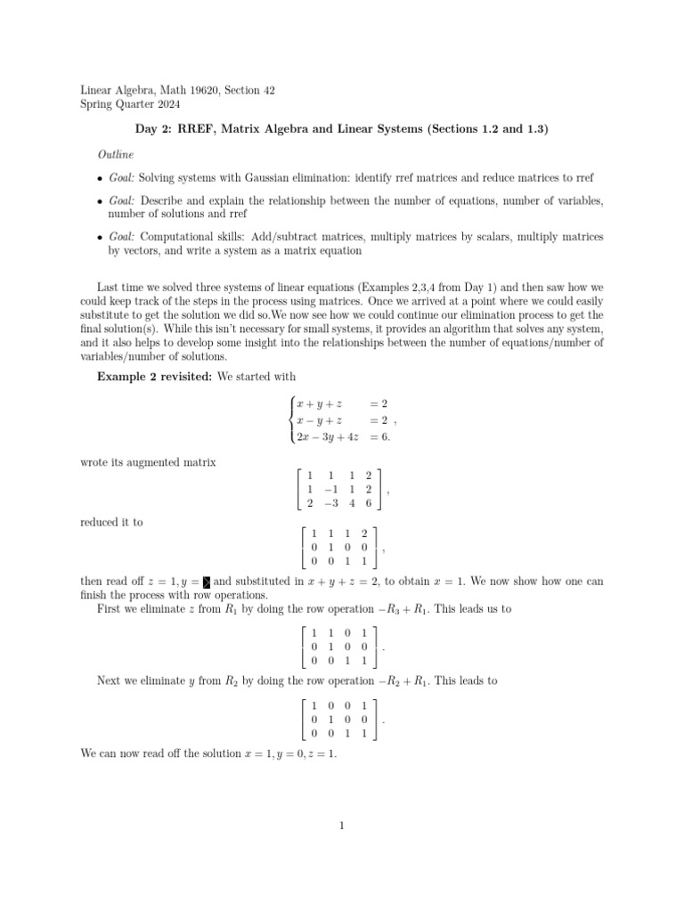 RREF and Matrix Algebra in Linear Systems | PDF | System Of Linear ...