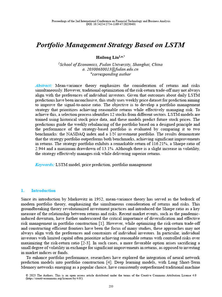 LSTM-Based Portfolio Management Strategy | PDF | Sharpe Ratio | Modern ...