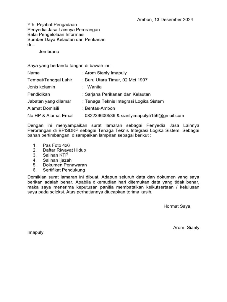 Form Surat Lamaran PJLP Bpisdkp 2024 | PDF