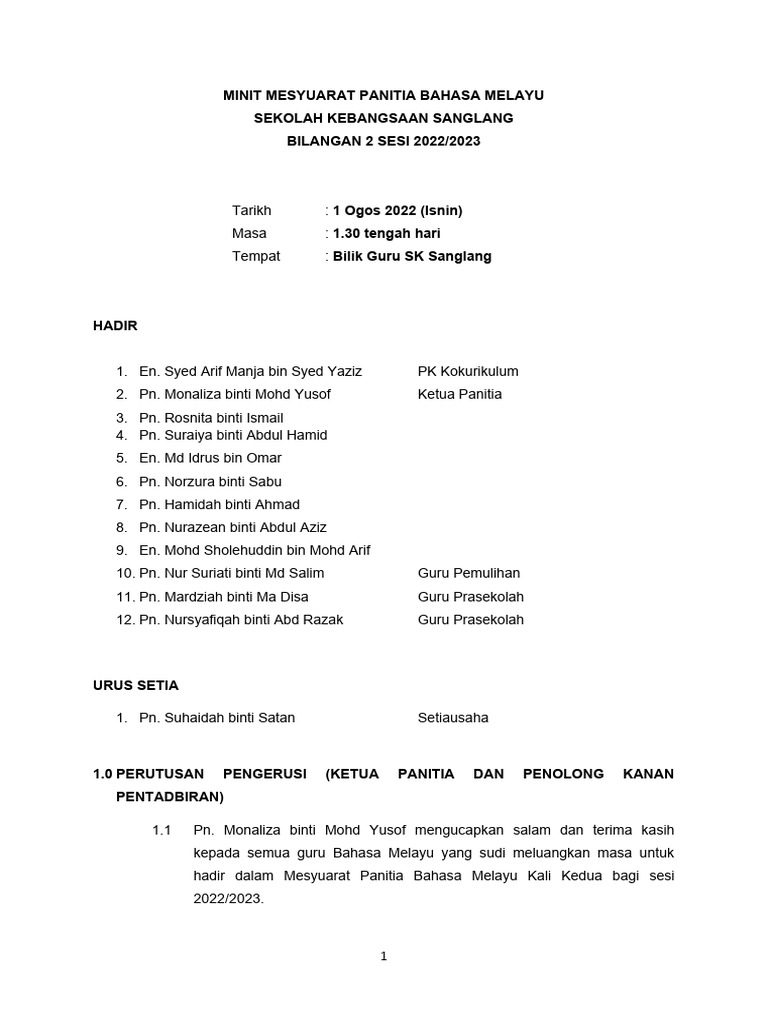 Minit Mesyuarat Panitia Bahasa Melayu Kali 2 2022-2023 | PDF