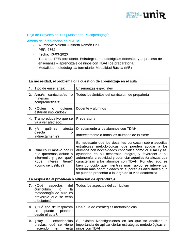 Hoja de Proyecto | PDF | Enseñando | Plan de estudios