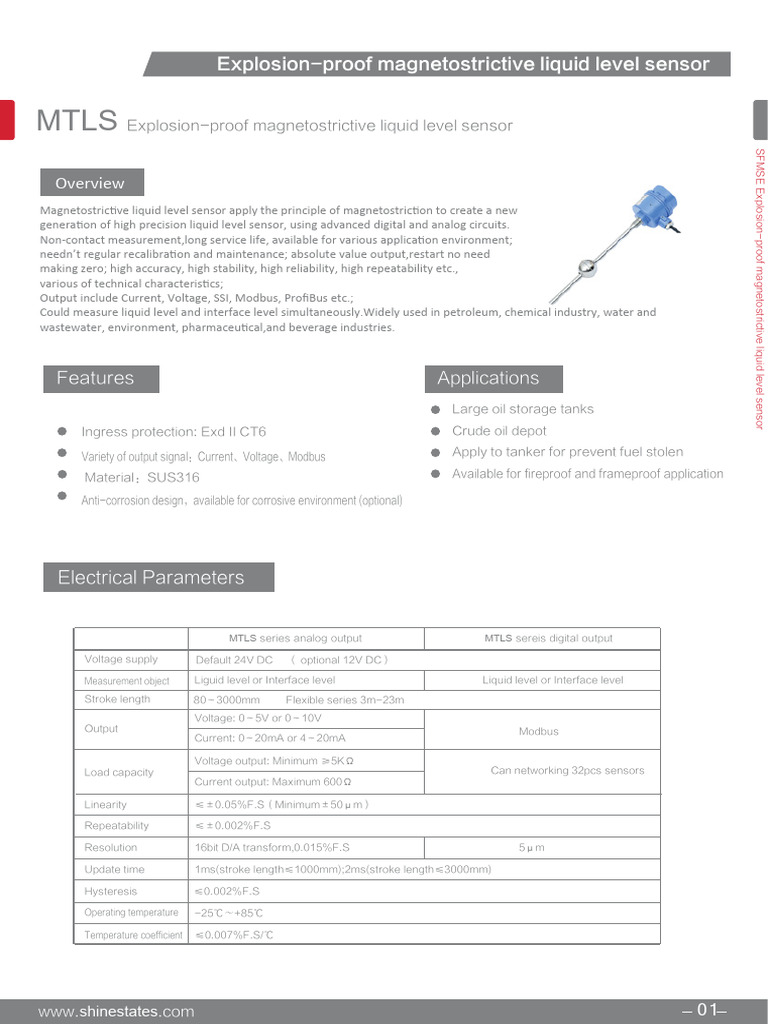 Explosion-proof magnetostrictive liquid level sensor | PDF | Sensor ...