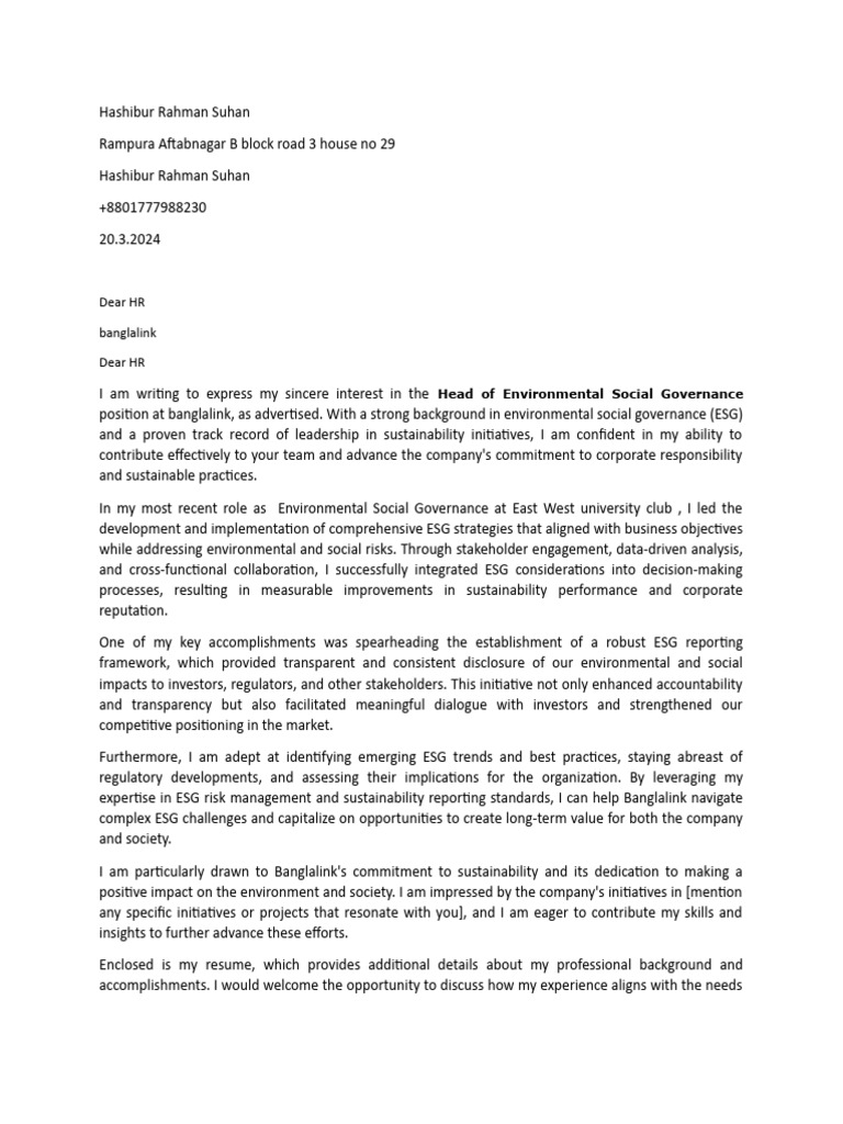 Cover Letter | PDF | Governance | Sustainability
