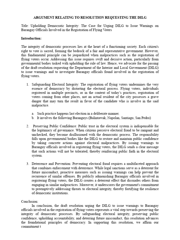 Argument Relating To Resolution Requesting The Dilg | PDF | Democracy | Political Ideologies