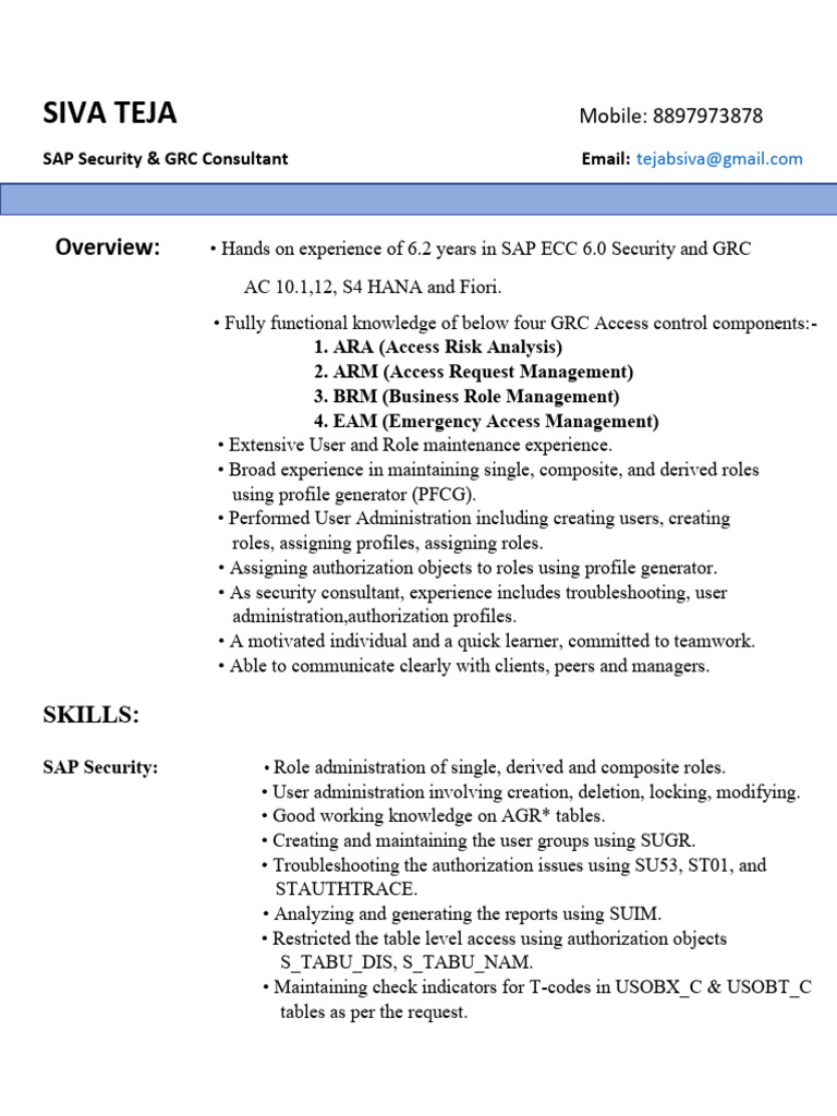 Sap Security & GRC CV | PDF