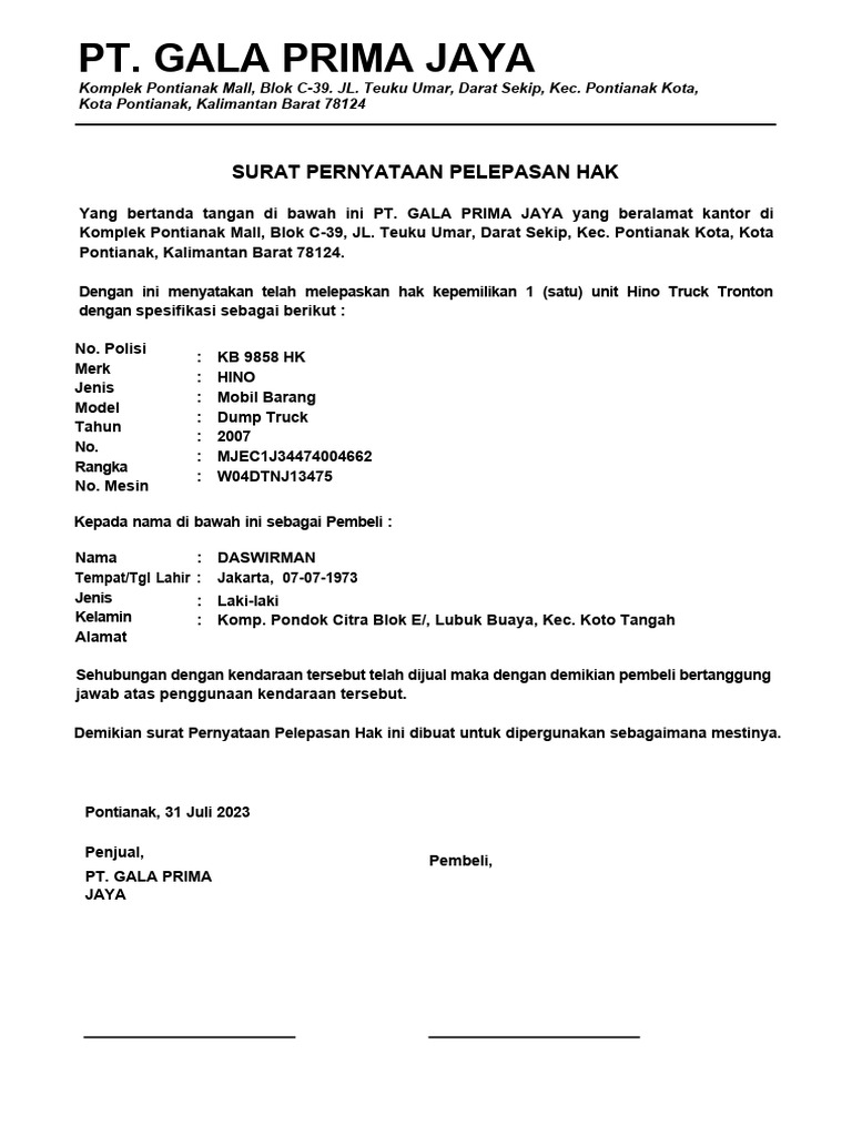 Surat PT. GALA PRIMA JAYA | PDF