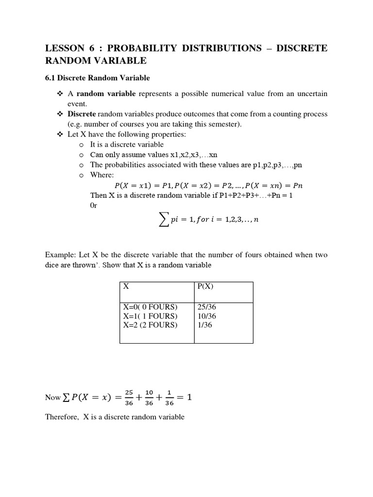 Lesson 6 Prob Distributions | PDF | Probability Distribution | Random Variable