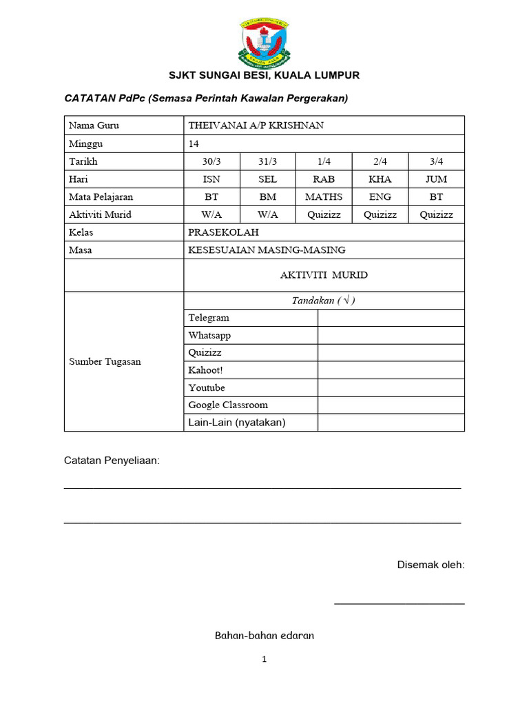 CATATAN PDPC SJKTSGBESI | PDF