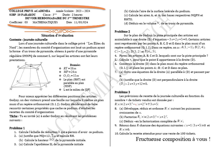 Devoir Hebdo Du 3e Tri 3ème ACA 23-24-010303 | PDF