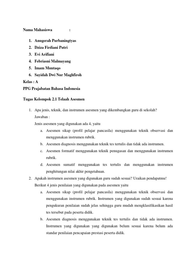 T2. Ruang Kolaborasi Tugas Kelompok 2.1. Telaah Instrumen (Asesmen) | PDF