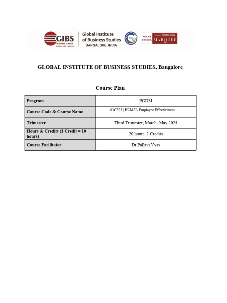 WIP Course Plan of HCM II | PDF | Human Resource Management | Leadership