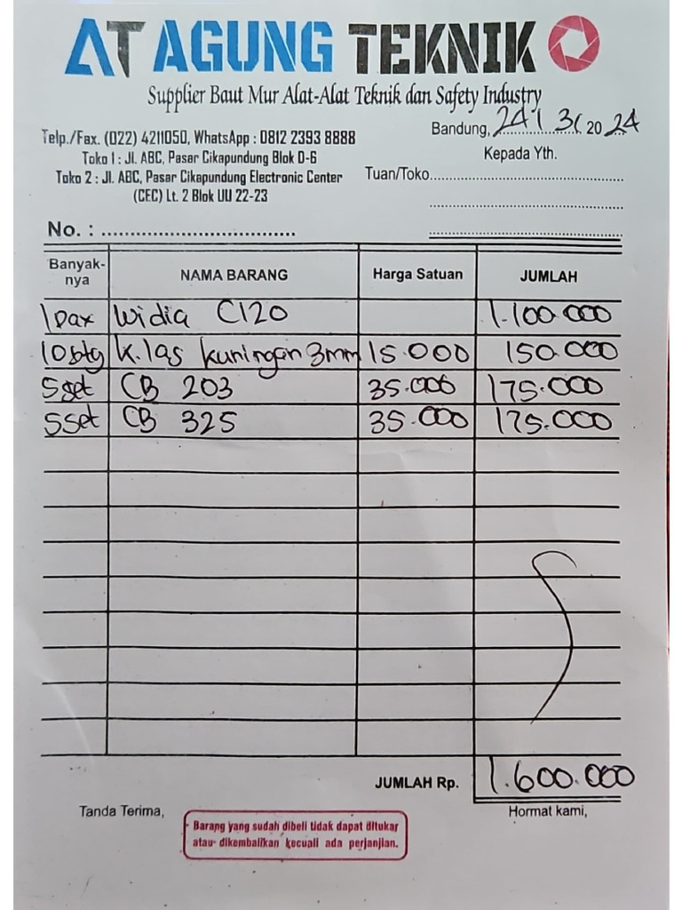 Nota Toko Agung Teknik (1 Pak Mata Widia, 10 BTG Kawt Las Kuningan& 10 Set Spul Cutting Wel) TGL ...
