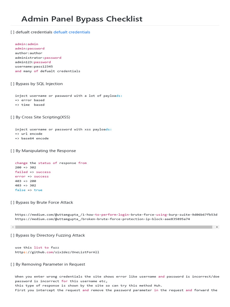 ?admin Panel Bypass Checklist? | PDF | Software | Data Management