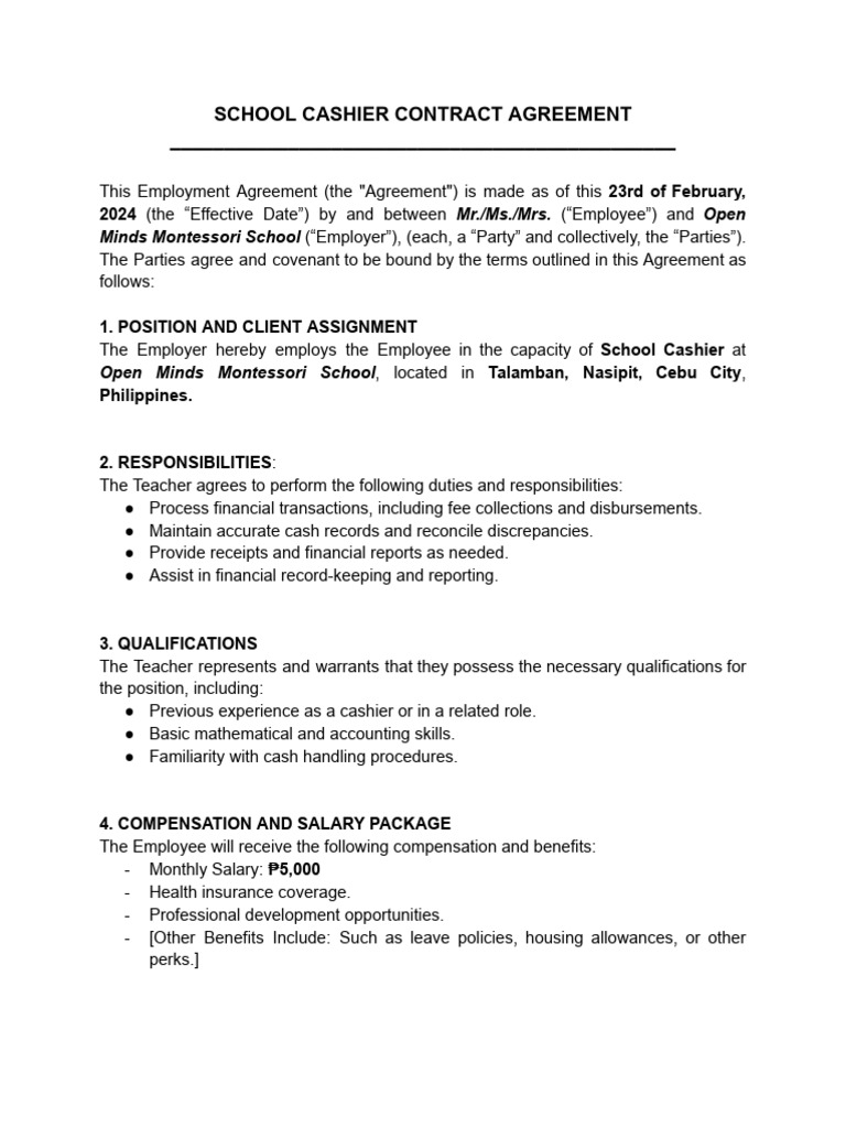 School Cashier Employment Agreement | PDF