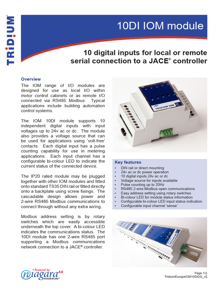 10DI IOM Module: 10 Digital Inputs For Local or Remote Serial Connection To A JACE Controller ...