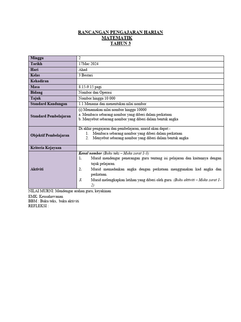 RPH Matematik Tahun3 Unit 1 | PDF