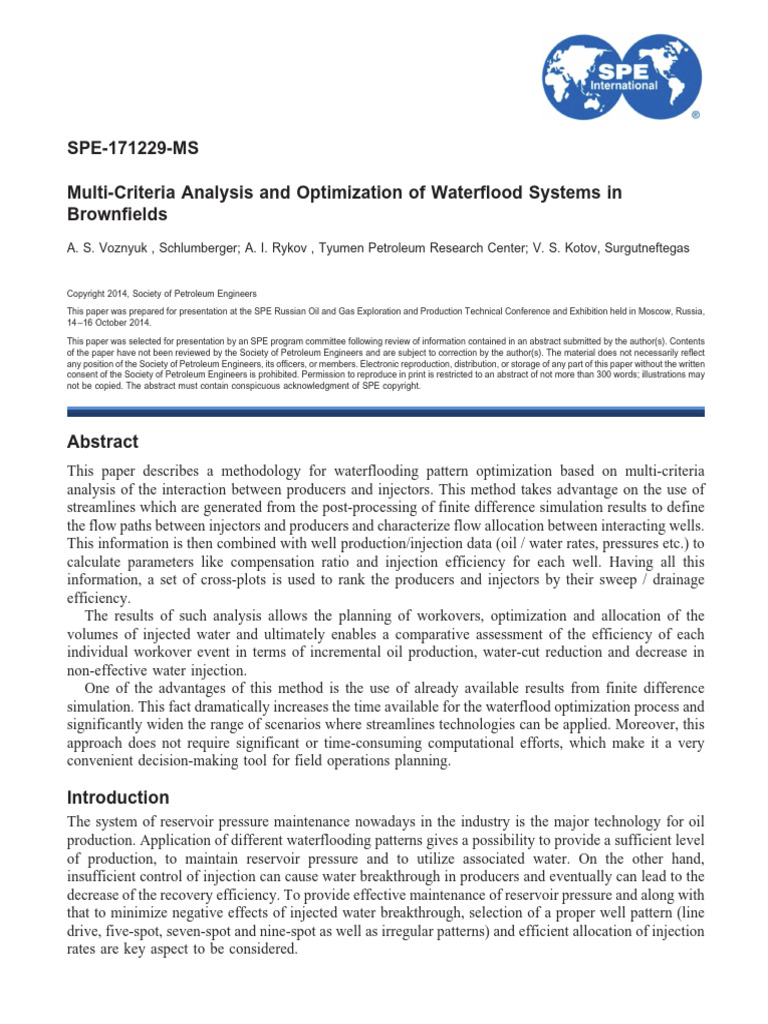 Multi-Criteria Analysis and Optimization of Waterflood Systems in Brownfields | PDF | Petroleum ...