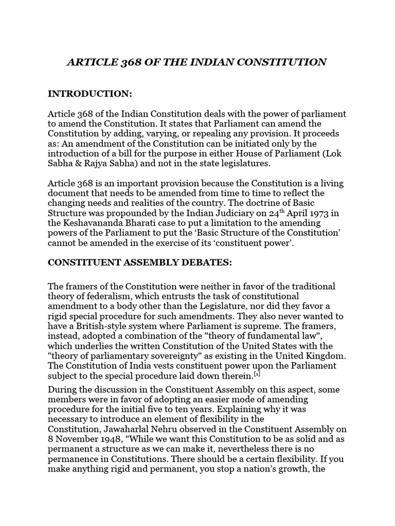 Article 368: Amending the Indian Constitution | PDF | Constitutional Amendment | Bill (Law)
