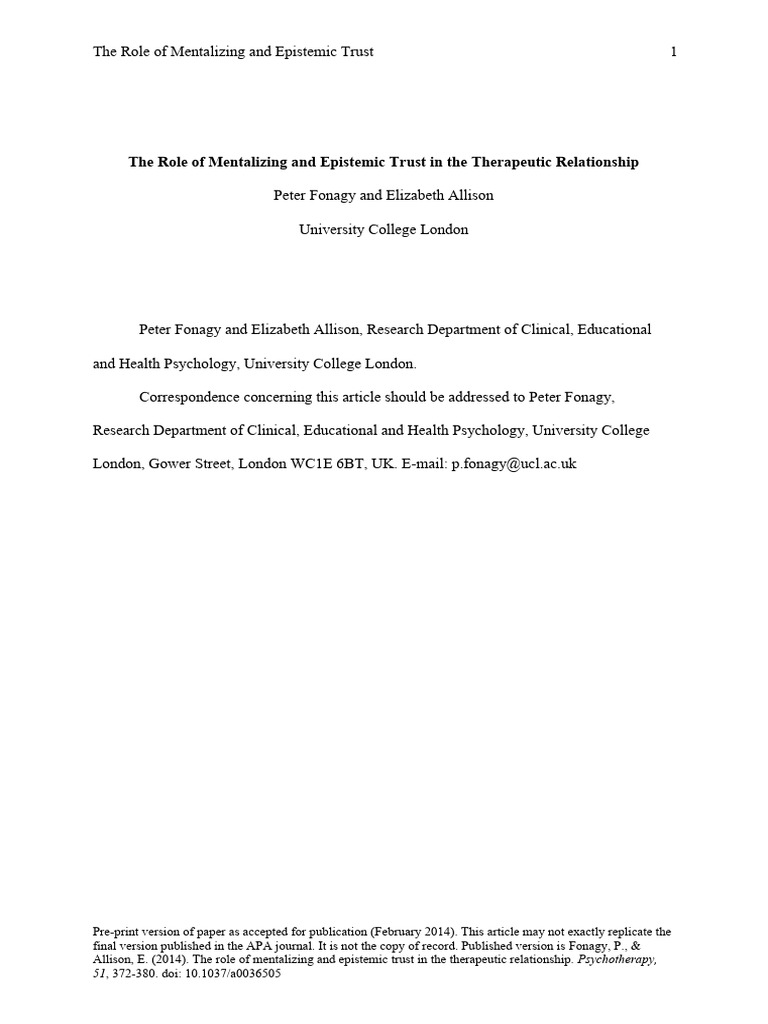 Mentalizing and Trust in Therapy | PDF | Psychotherapy | Attachment Theory
