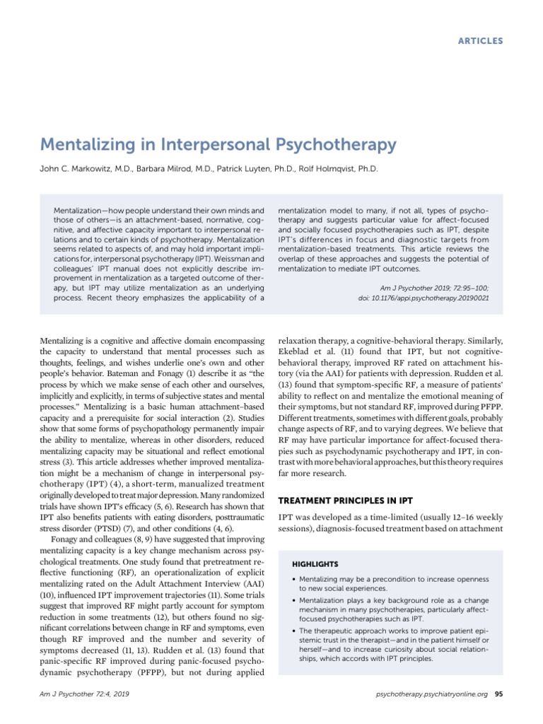 Mentalizing in Interpersonal Psychotherapy | PDF | Psychotherapy | Mental Disorder