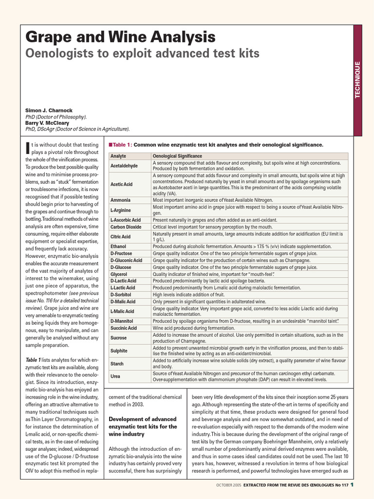 Grape and Wine Analysis Oenologists To Exploit Advanced Test Kits | PDF